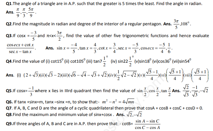 CBSE Class 11 Mathematics Trigonometry Assignment Set B